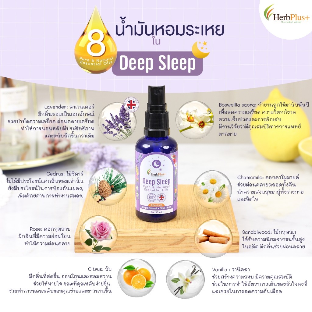 DeepSleep สเปรย์น้ำมันหอม 8ชนิด ตัวช่วยหลับลึก ผ่อนคลาย กลิ่นหอม ยาวนาน สมุนไพร UK by Mor Bank ...