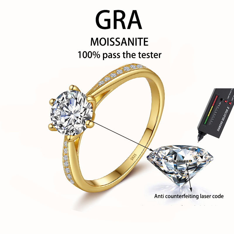 ใบรับรอง GRA ติดแหวน มอยซาไนต์ 1ct, แฟชั่นหกกรงเล็บรอบตัด D-สี S925 เงินแท้ 18K แหวนเคลือบทอง ...