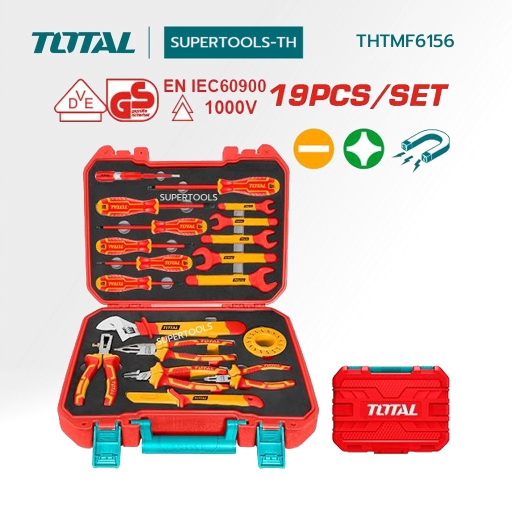 TOTAL ชุดเครื่องมือช่าง 19 ตัวชุด หุ้มฉนวนกันไฟฟ้า1000 วลท์(พร้อมกระเป๋า) รุ่น THKITH1901 ...