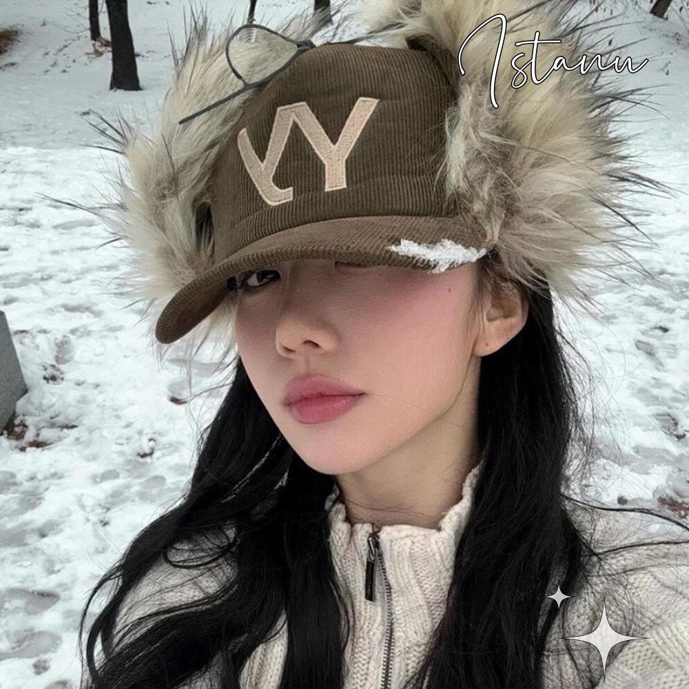 Istanu Peaked Cap, หมวกเบสบอลตุ๊กตาขนนกหนา, ปีกสั้น จดหมายปักผ้าลูกฟูก ...