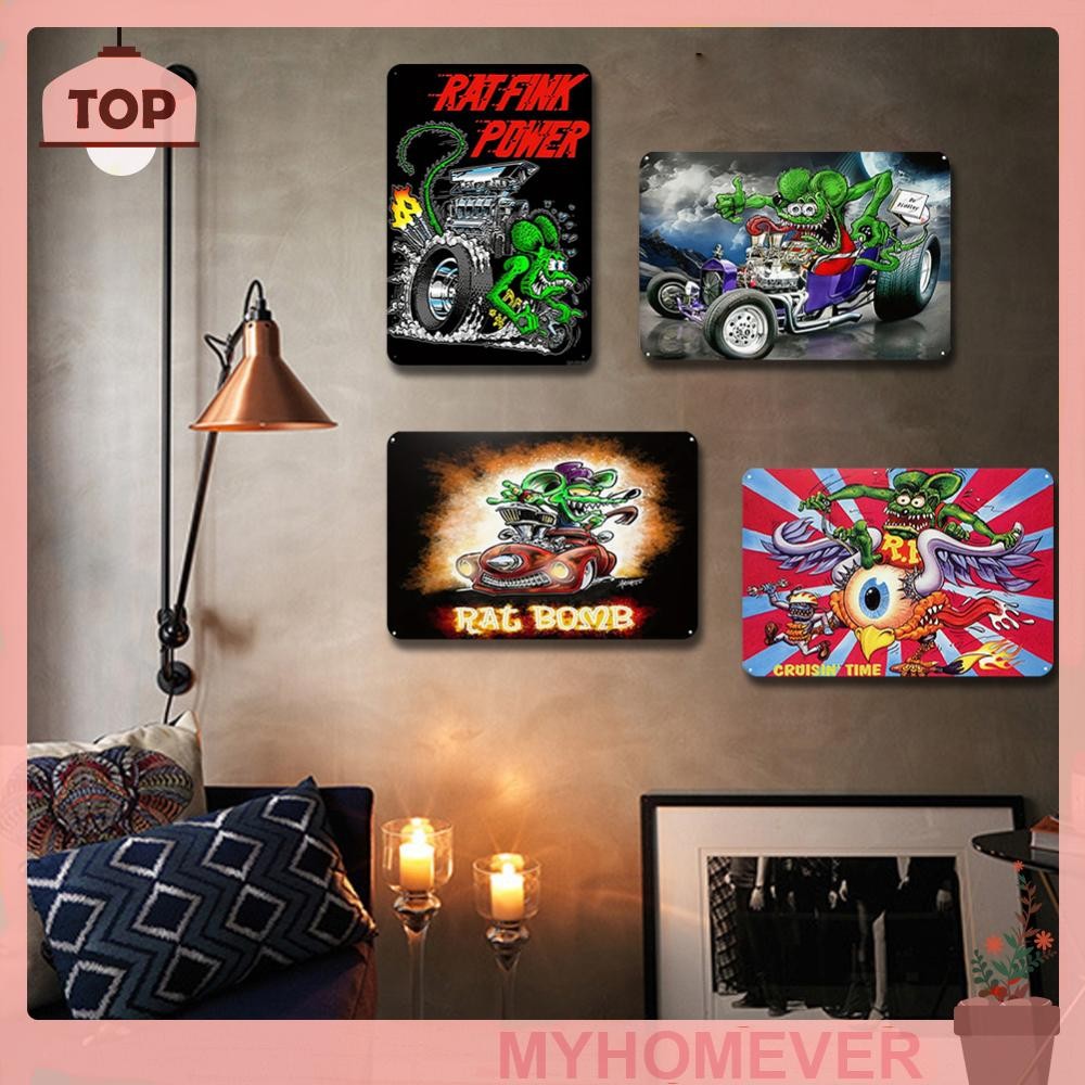 4 ชิ้นโลหะ Rat Fink ป้ายดีบุกสี่เหลี่ยมภาพวาดเหล็ก Wall Home Decor ...