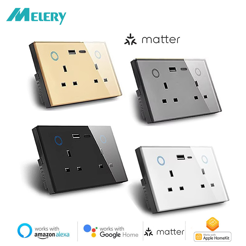 Melery Matter Thread Smart UK Wall Socket Glass USB Type-c Plug Outlet ...