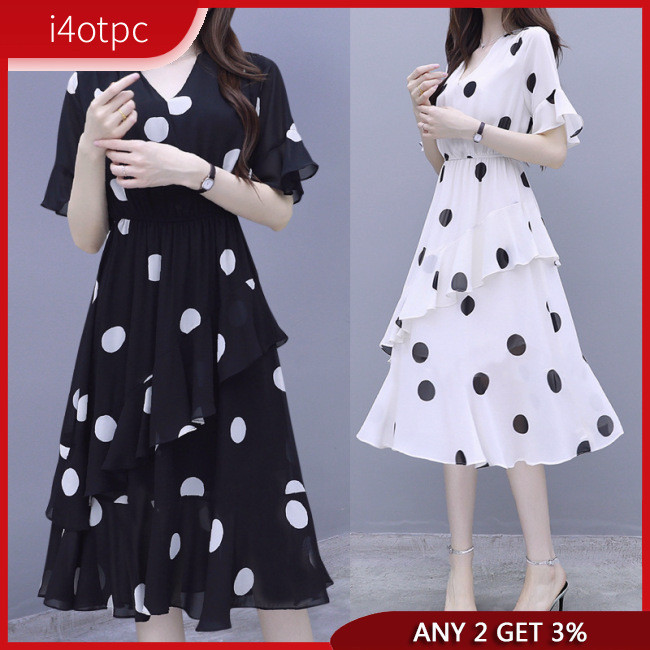 I4otpc ชุดเดรสสวิงคอวีลายจุด A-Line | Shopee Thailand