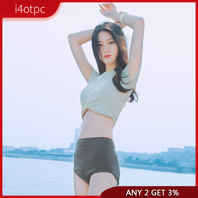 I4otpc กางเกงขาสั้นเอวสูงผู้หญิงสีทึบแขนสั้นชุดว่ายน้ําด้านบน | Shopee Thailand