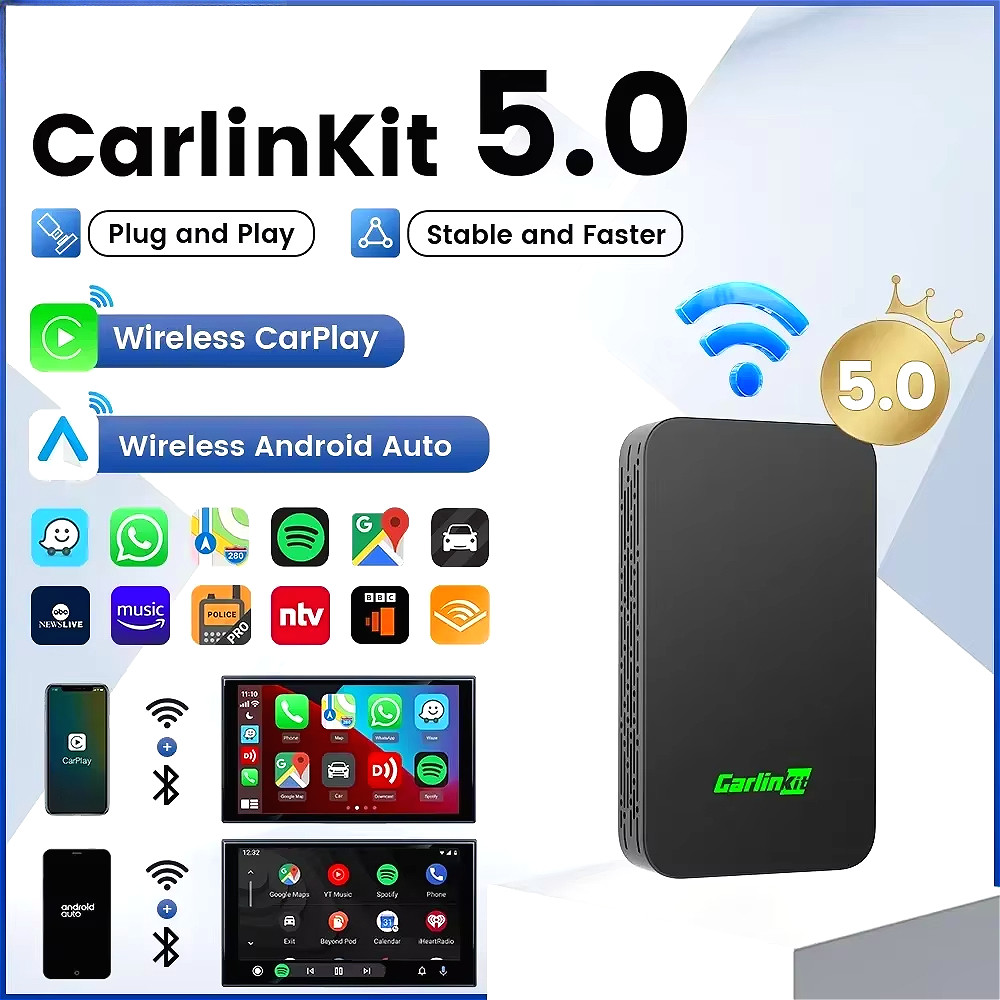 CarlinKit 5.0 อะแดปเตอร์ไร้สายแบบมีสายไร้สาย Android Auto CarPlay กล่องสมาร์ทบลูทูธ WiFI เชื่อม ...