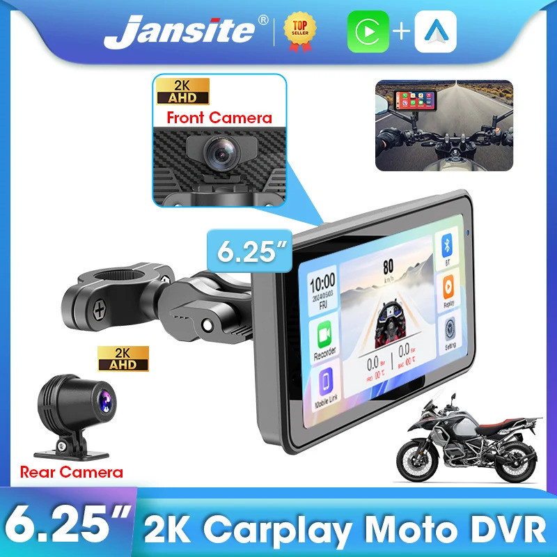 จอภาพมอเตอร์ไซค์ Jansite 6.25" 2K DVR ไร้สาย Carplay Android Auto GPS ...