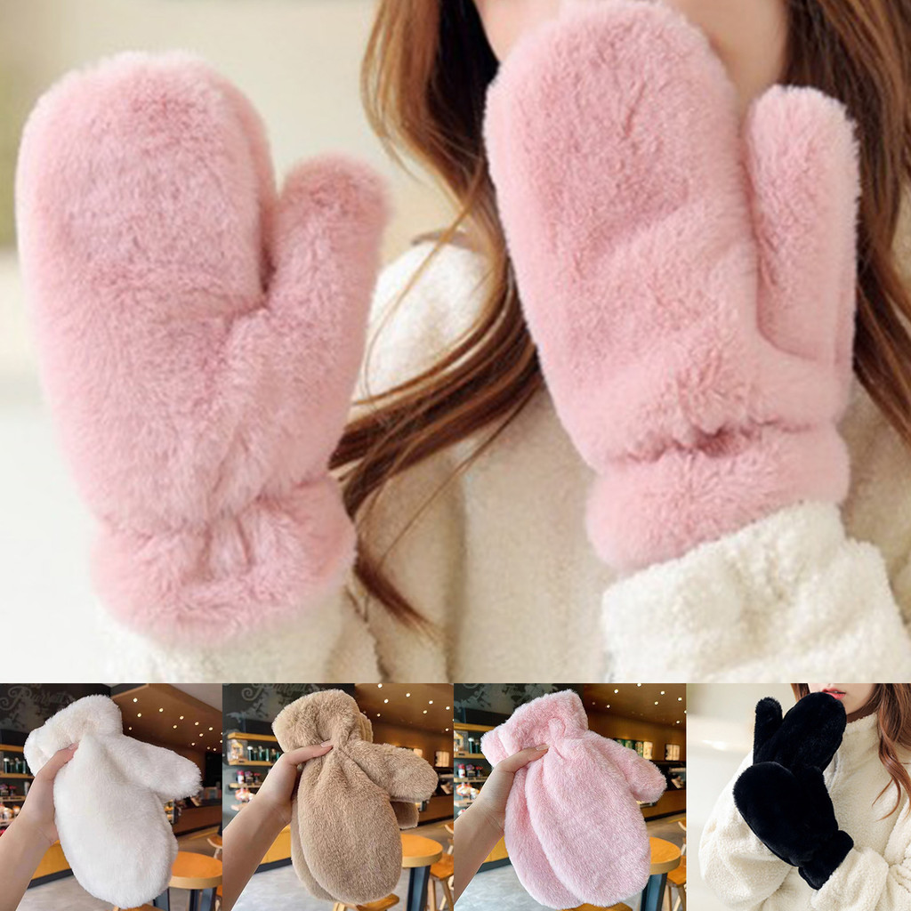 1 คู่สีทึบฤดูหนาว Plush Mittens ขนสัตว์หนาเพื่อให้อบอุ่นและ Windproof ...