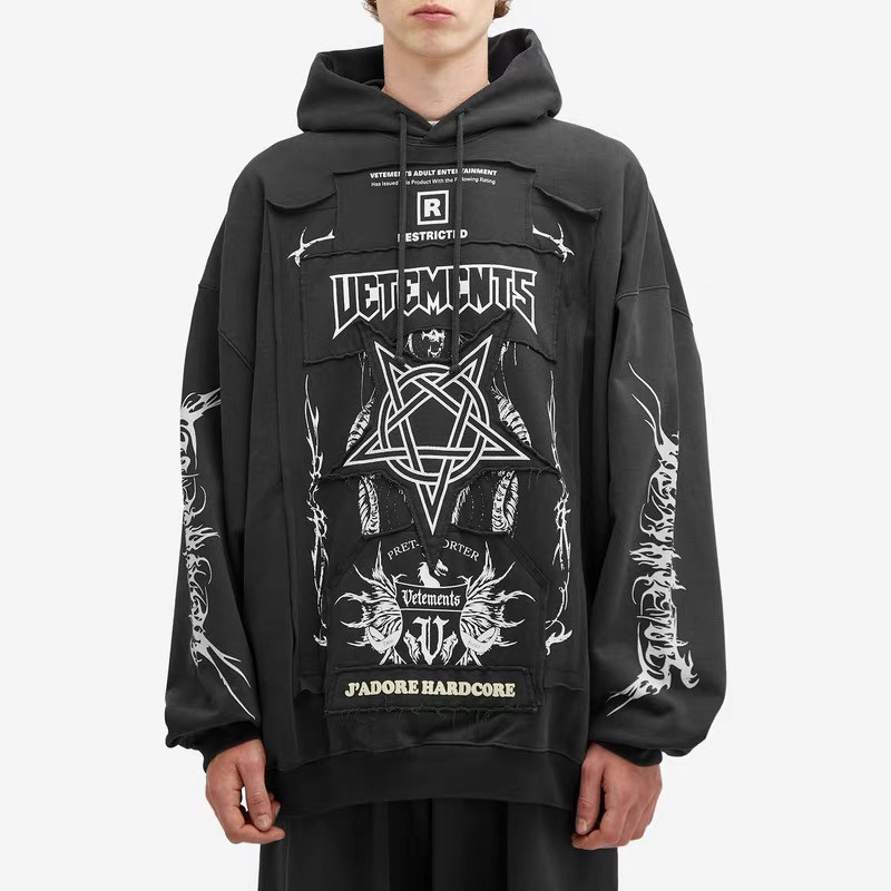 Vetements VTM Hooded Patch Hoodie การพิมพ์แพทช์รูปแบบสีเข้ม | Shopee Thailand