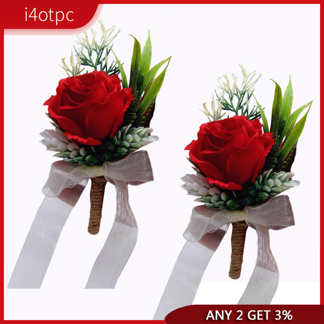 I4otpc 2 ชิ้นประดิษฐ์กันน้ําดอกไม้พืชสีเขียว Corsage เจ้าสาวเจ้าบ่าวเพื่อนเจ้าสาว Group อุปกรณ์ ...