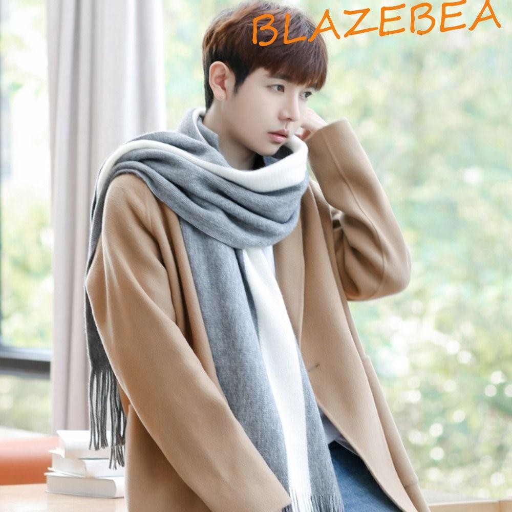 Blazebea ผ้าพันคอแคชเมียร์ผู้ชาย, ผ้าพันคอพู่ขนสัตว์ยาวหนาสไตล์เกาหลี, เรียบง่ายกันลมนุ่ม ...
