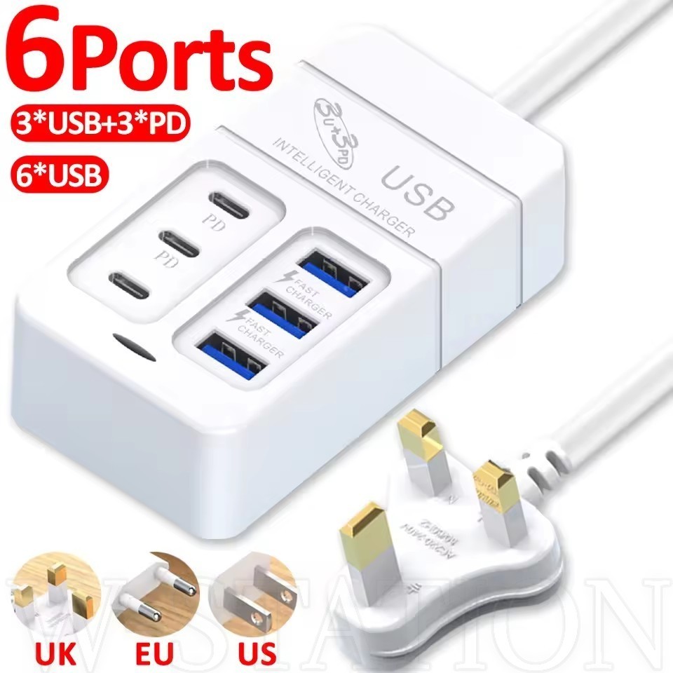 6 พอร์ต PD USB Travel Charger - 35W Quick Charging Wall Hub - UK/EU/US สายไฟซ็อกเก็ต - 6USB 3USB ...