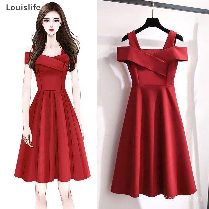 LLPH ชุดเดรสเปิดไหล่หรูหราเสื้อผ้าผู้หญิงสีทึบ A-Line Midi Dress LLP | Shopee Thailand