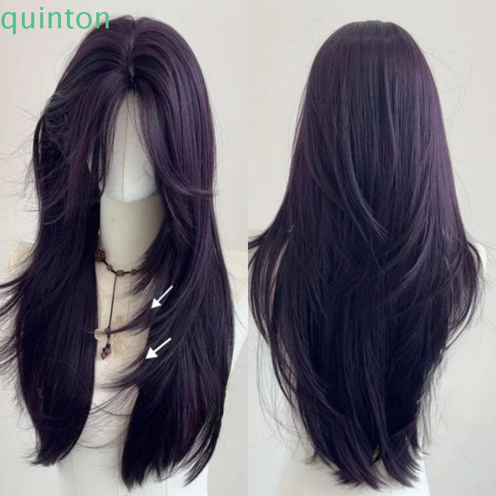 QUITON Blackcurrant วิกผมสีม่วง,ต่อผมเป็นชั้นผมยาวตรง,แฟชั่นทนความร้อนแปด Bangs Lolita คอสเพลย์ ...