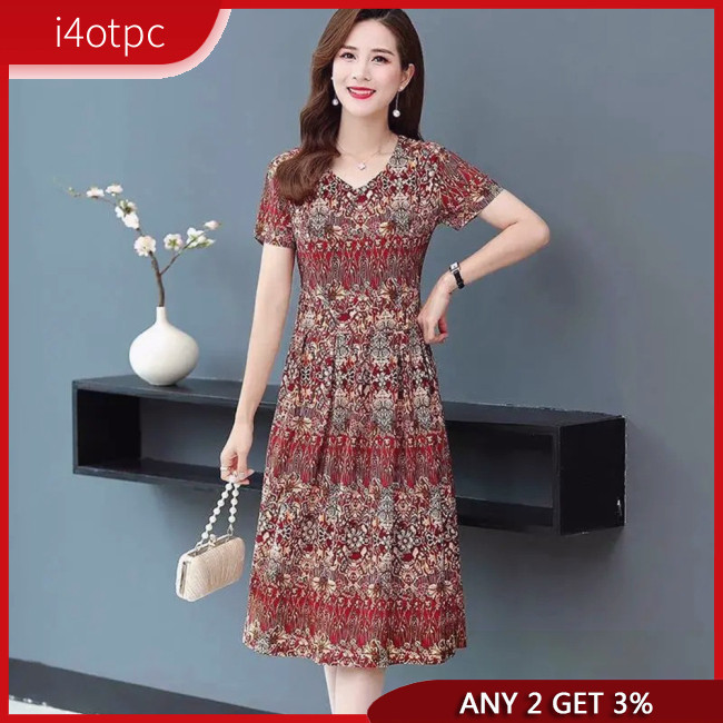 I4otpc ผู้หญิงพิมพ์คอวีแขนสั้นเอว Fit จีบ Hem Plus ขนาดกระโปรง | Shopee Thailand