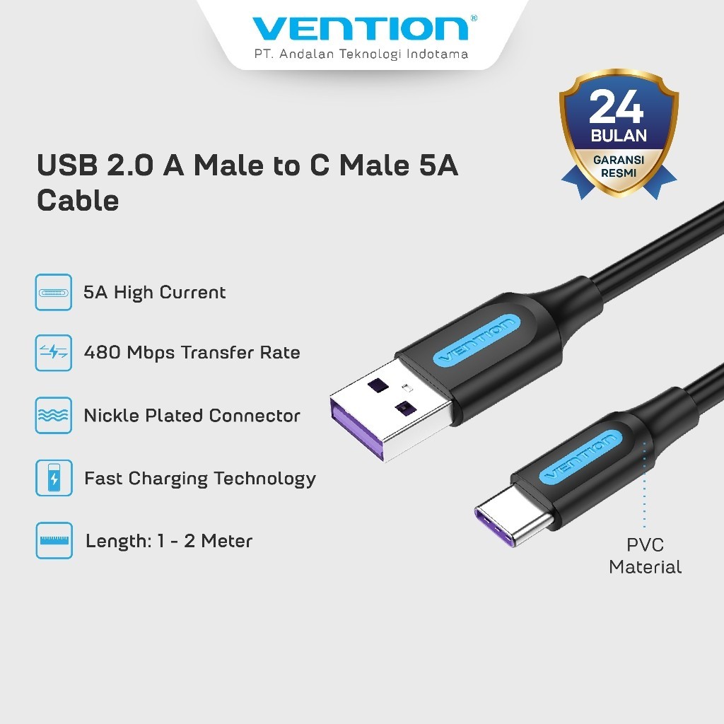 Vention Cable Charger USB A to Type C 5A Fast Charging 5A 480Mbps ...