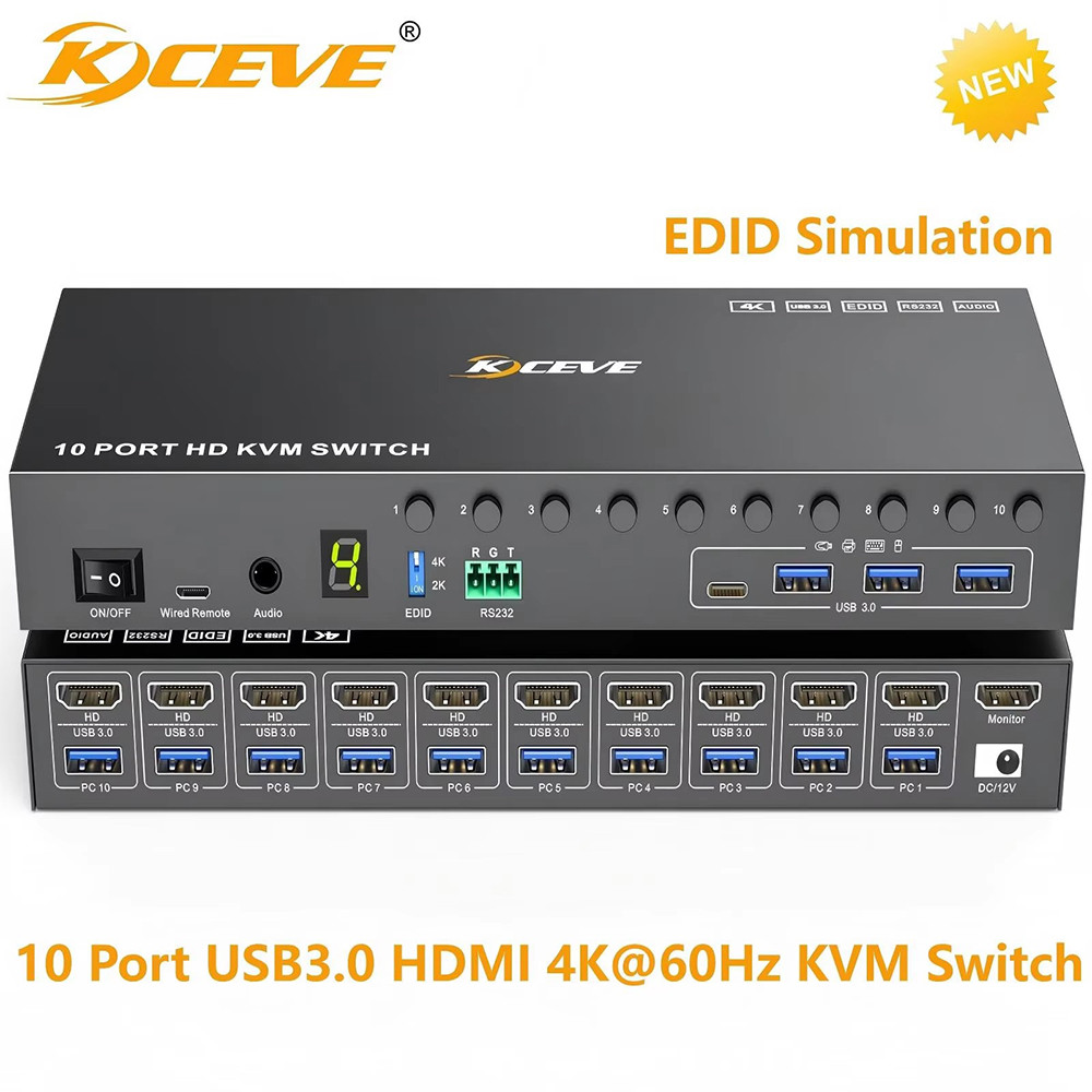 2025 ใหม่ 10-Port HDMI KVM Switch 4K@60Hz EDID Emulation, USB3.0 KVM Switch, เหมาะสําหรับ ...