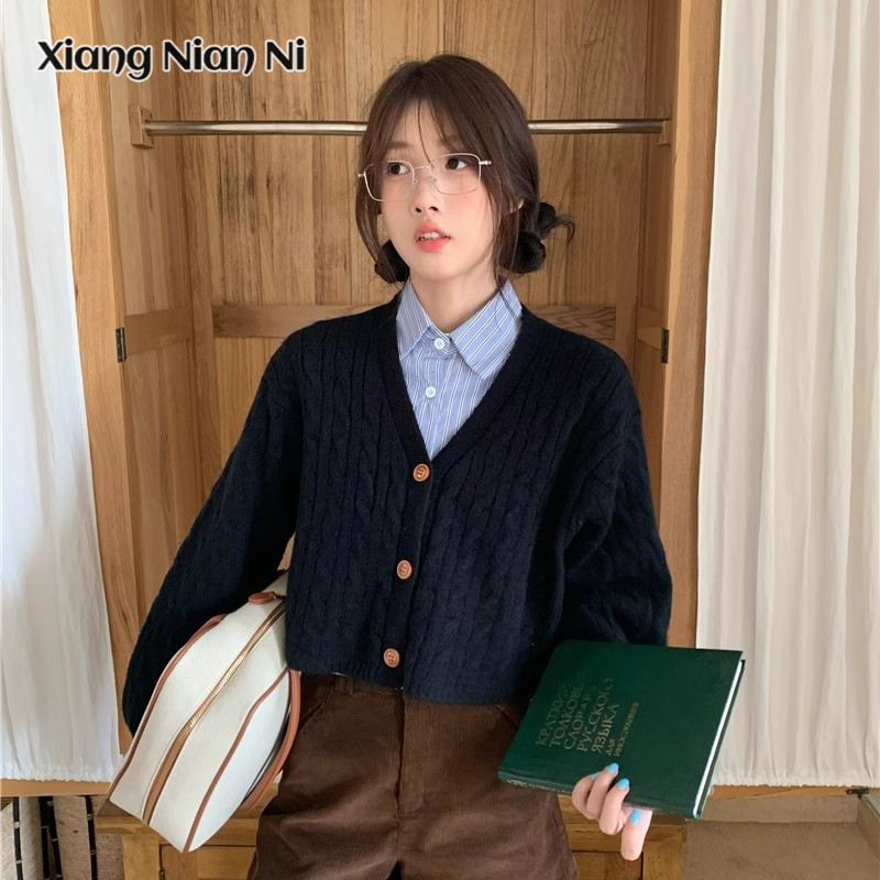 Xiang Nian Ni Idle สไตล์ Twist เสื้อกันหนาวแขนยาวสีกากี Sticky Single-Breasted เสื้อกันหนาวคา ...