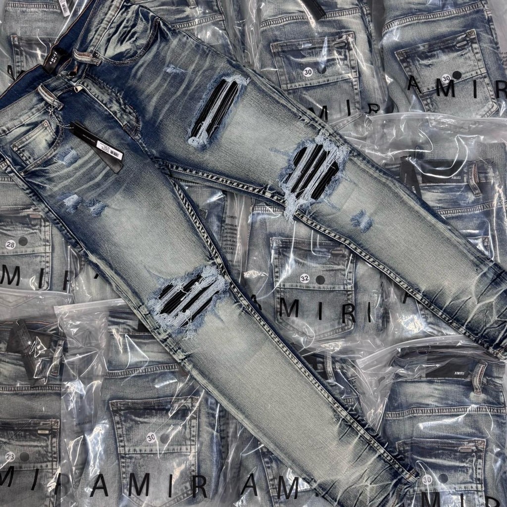 Amiri v.2 (งานกระดุม+ซิป)แต่งหนังเข่าดำ กางเกงยีนส์ผู้ชาย แฟชั่นทรงเอ ...
