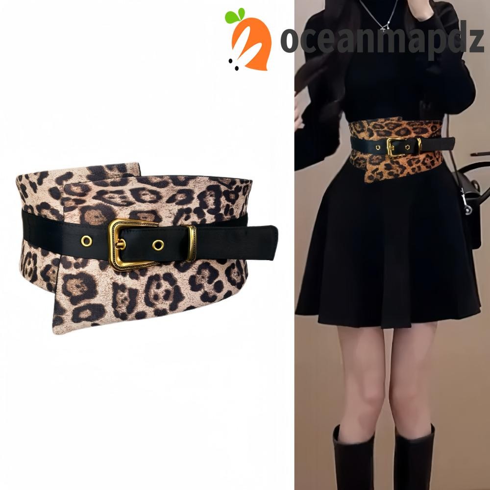 Oceanmapdz กว้าง Cummerbund, Y2K สไตล์ชาติพันธุ์เสือดาวพิมพ์เข็มขัด, Casual สไตล์เกาหลี Retro PU ...