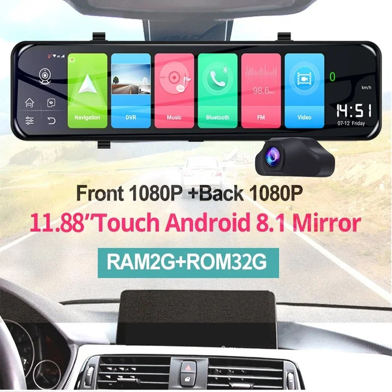 12 "RAM 2G /rom 32G 1080P เลนส์คู่4G Mirror DVR Android 8.1 Dash CAM ...