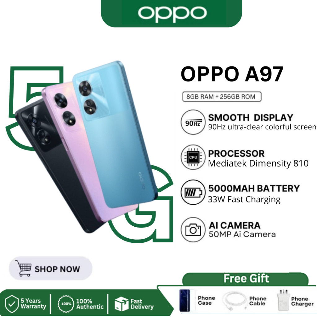 OPPO A97 5G สมาร์ทโฟน 8GB 256GB MediaTek Dimensity 810 6.58 "90Hz IPS LCD 48MP กล้อง 5000 mAh ...