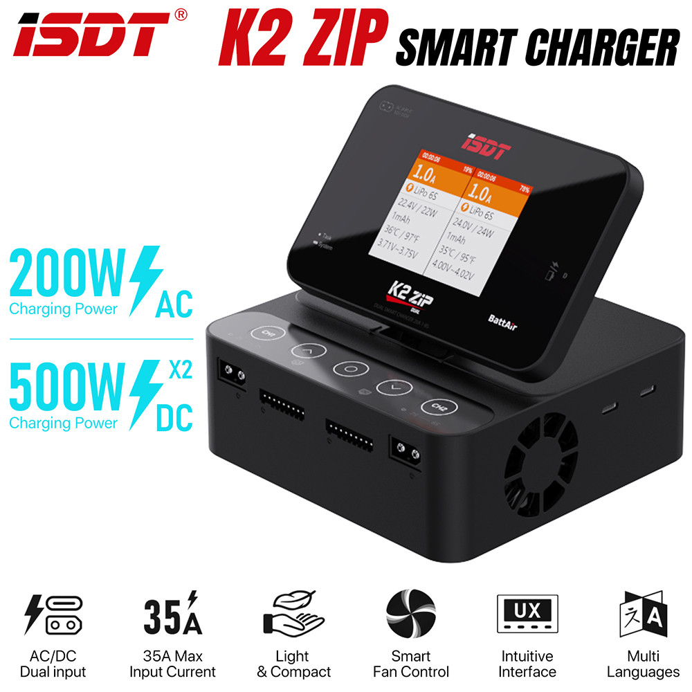 Isdt K2 ZIP Dual Mode Smart Charger AC200W/DC500Wx2 2.8 "IPS Multi-language 35A Balance Charger ...