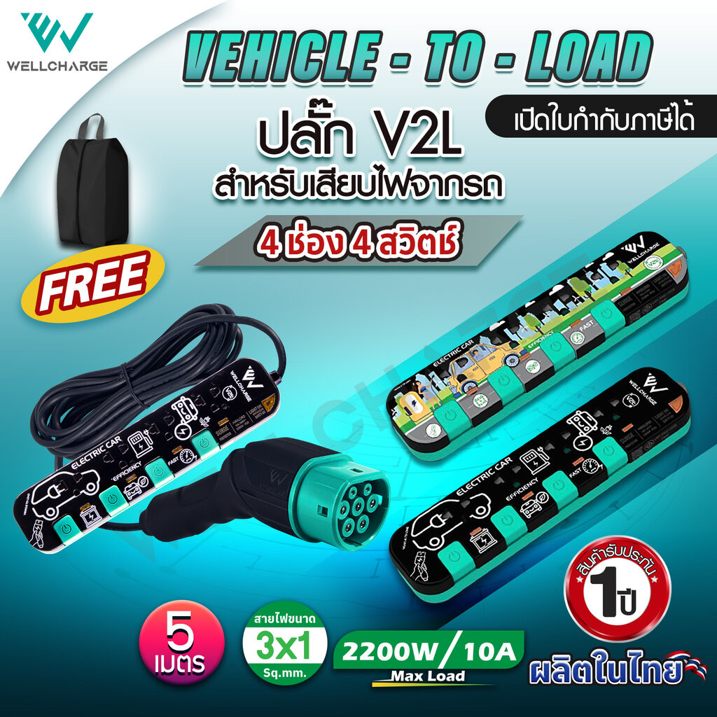 VEHICLE-TO-LOAD ปลั๊ก V2L สำหรับเสียบไฟจากรถ สาย IEC53 3x1 Sq.mm.ยาว 5 M. เต้ารับ 4 ช่อง/4 ...