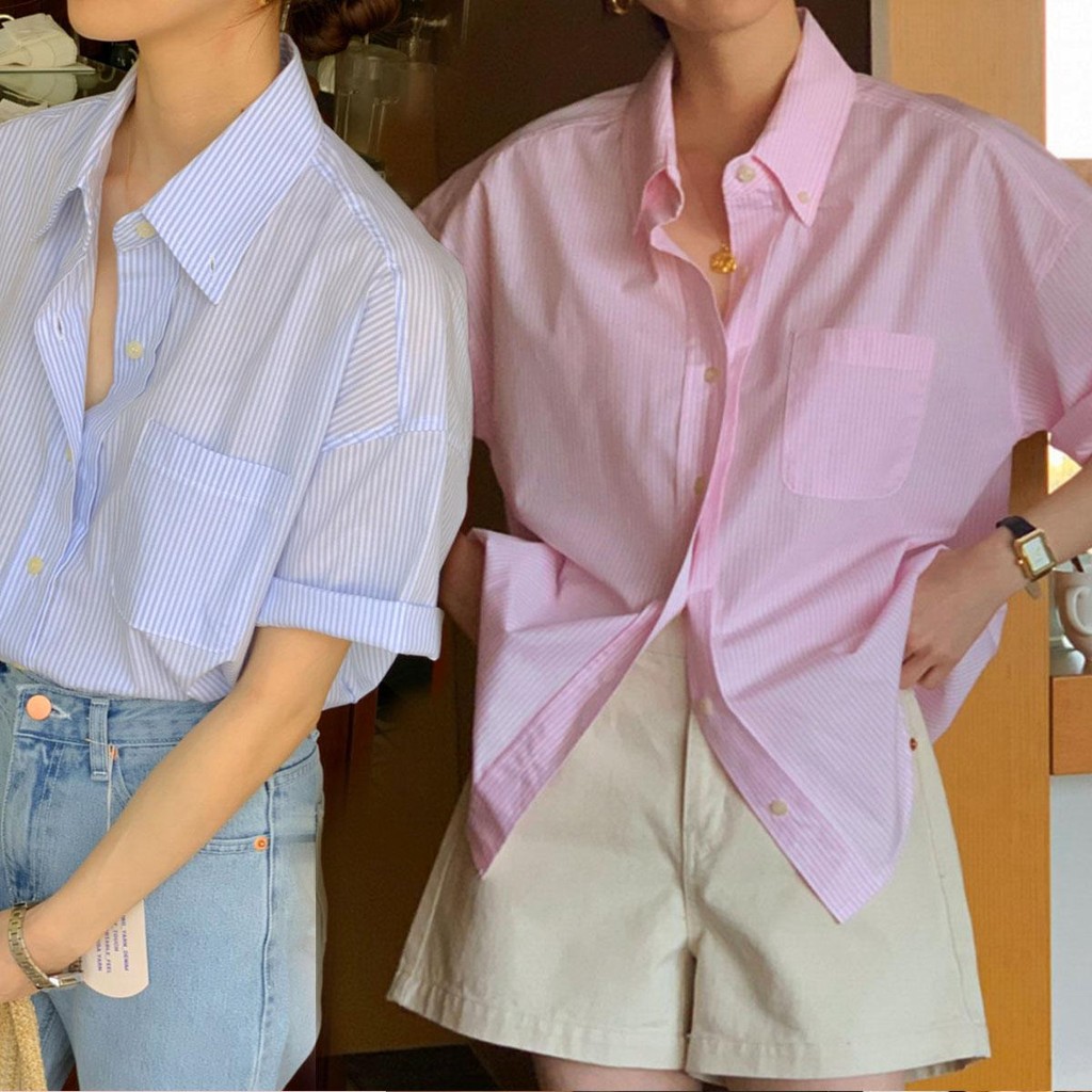 KOKO#เสื้อเชิ้ตแขนสั้นผู้หญิงลายทางสีน้ำเงิน การออกแบบกระเป๋า หลวมและ ...