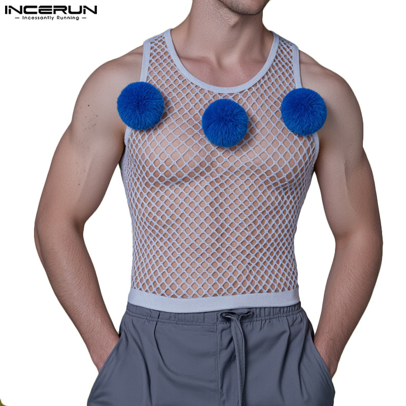 Incerun Men Vintage Mesh Hollow Pom ตกแต่งถัง Presale | Shopee Thailand