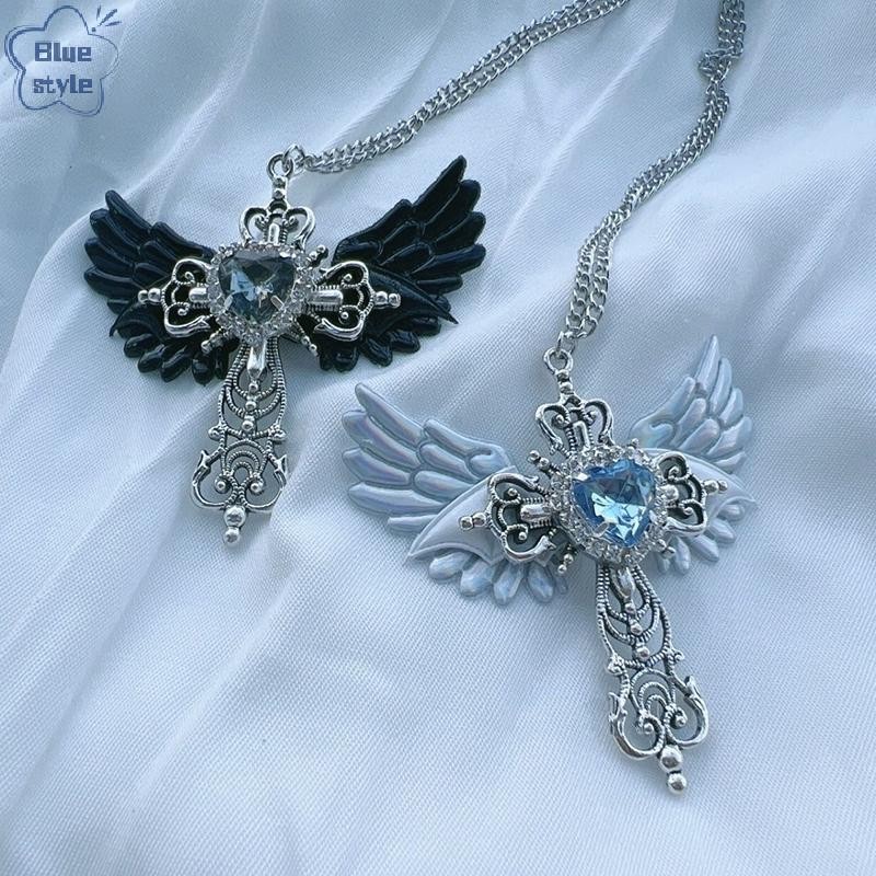 Bluestyle แฟชั่น Goth เซ็กซี่อุปกรณ์เสริมปีก Cross จี้สร้อยคอผู้หญิงหัวใจคริสตัล Choker Punk ...