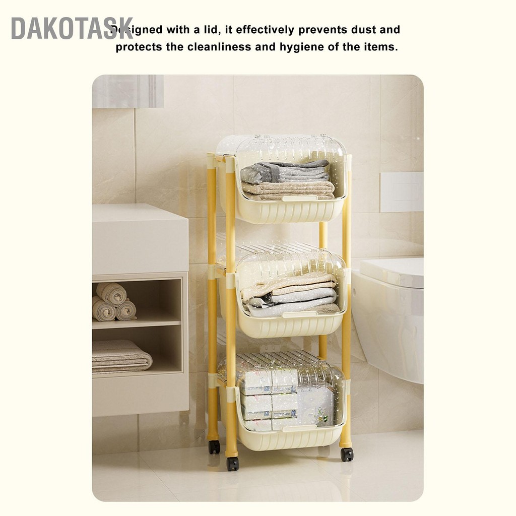 DAKOTASK Trolley Storage Rack Household Movable Multiple Tiers Plastic Vegetable Basket with Lid ...