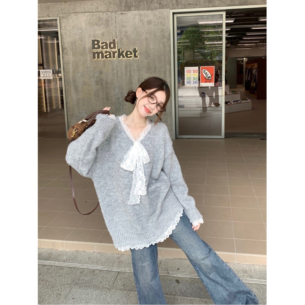 ฤดูหนาวใหม่ลูกไม้เย็บปะติดปะต่อกันโบว์เสื้อกันหนาวแขนยาวอเนกประสงค์ของผู้หญิง 241127 | Shopee ...