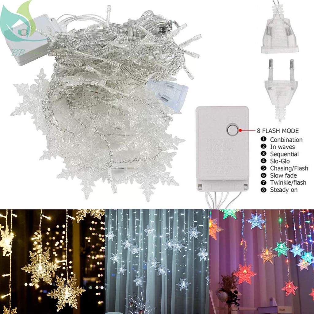 เกล็ดหิมะผ้าม่านไฟ IP44 กันน้ํา LED Snowflakes String ไฟ 96 LEDs Fairy Night Light SHOPQJC8847 ...
