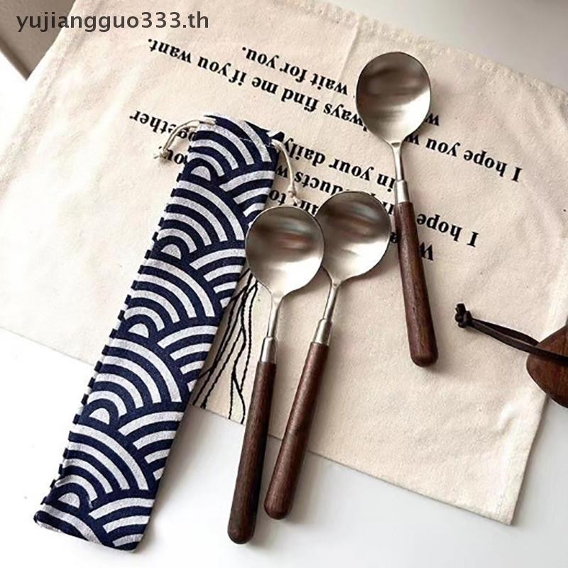 # yujiang # 1ชิ้นสแตนเลสเลียนแบบด้ามไม้ชุดช้อนส้อมอาหารเย็นหนีบบนโต๊ะอาหารตะวันตกขนมช้อนซุป ...