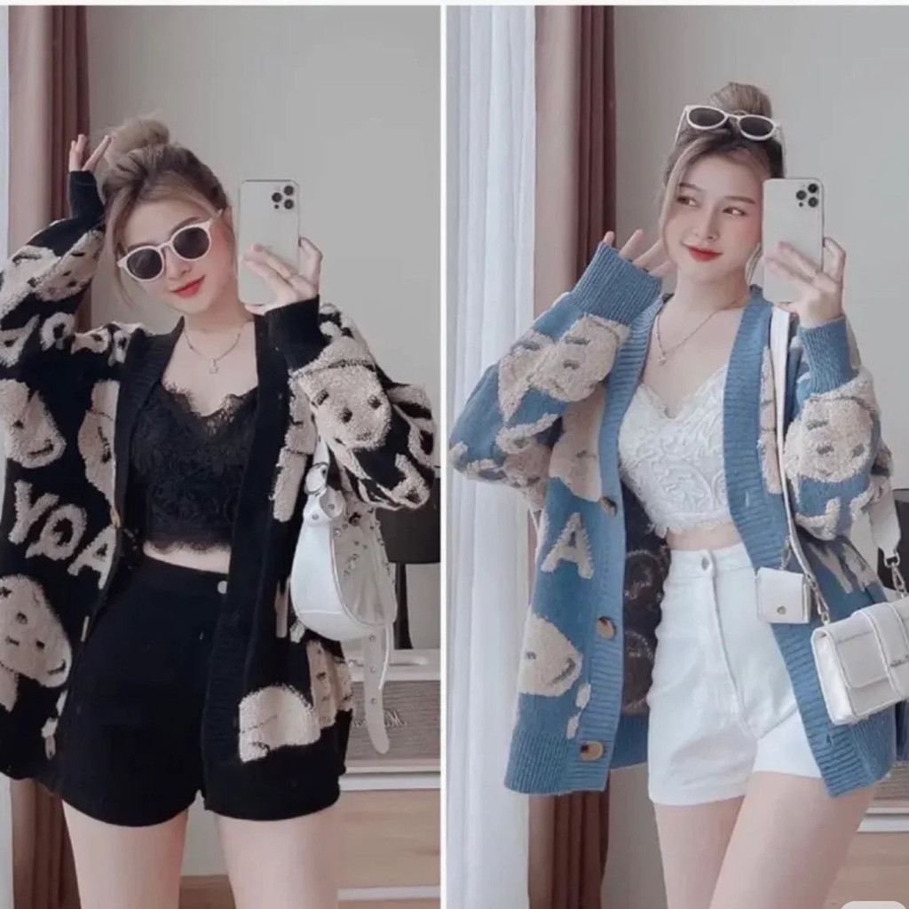 เสื้อแขนยาวไหมพรม K09 เสื้อคลุม คาร์ดิแกน ผ้าหนา ลายน้องหมีสุดน่ารัก ...