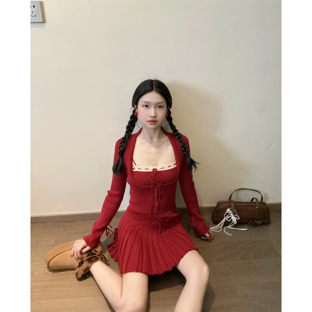 Real Shot ละครญี่ปุ่น Sweetheart Red Inner ชุดถักสามชิ้นอ่อนโยน ...