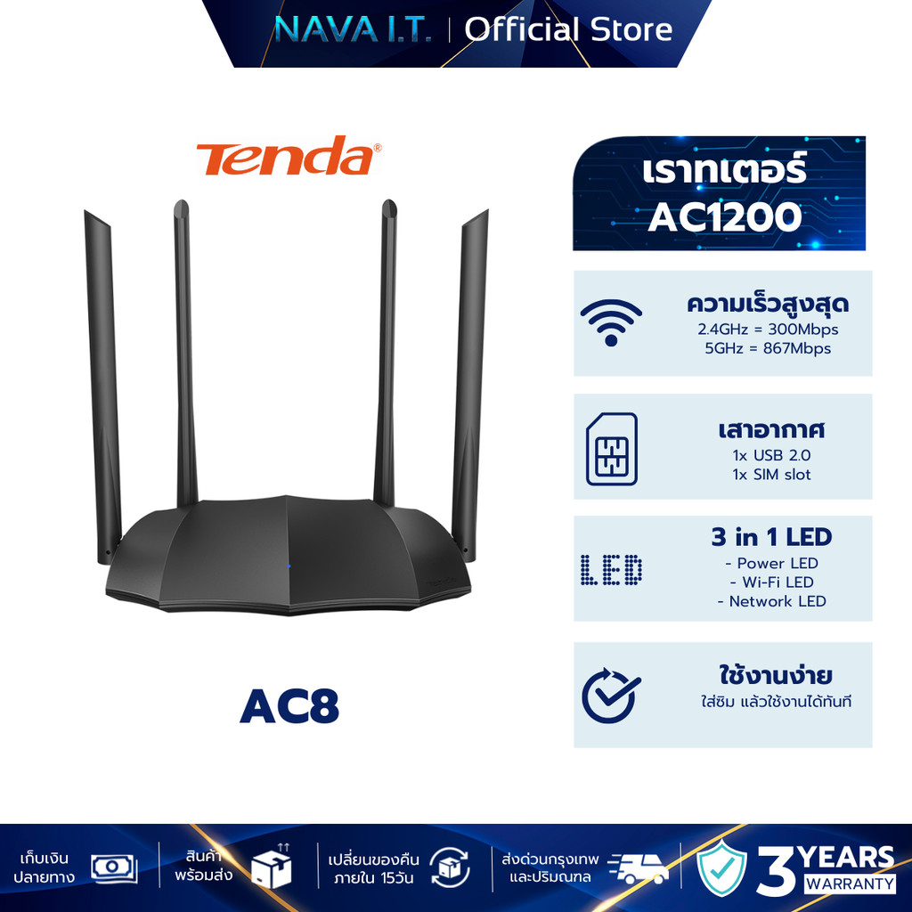 TENDA AC8 Gigabit Router Dual Band AC1200 เราเตอร์ไร้สายอุปกรณ์ช่วยขยาย ...