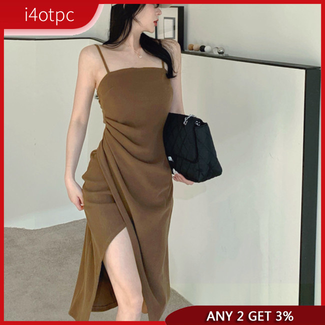 I4otpc ผู้หญิงชุดด้ายเสื้อสวมหัวแขวน Slit กระโปรงยาวหวานเอวสูงชุดสีทึบ | Shopee Thailand