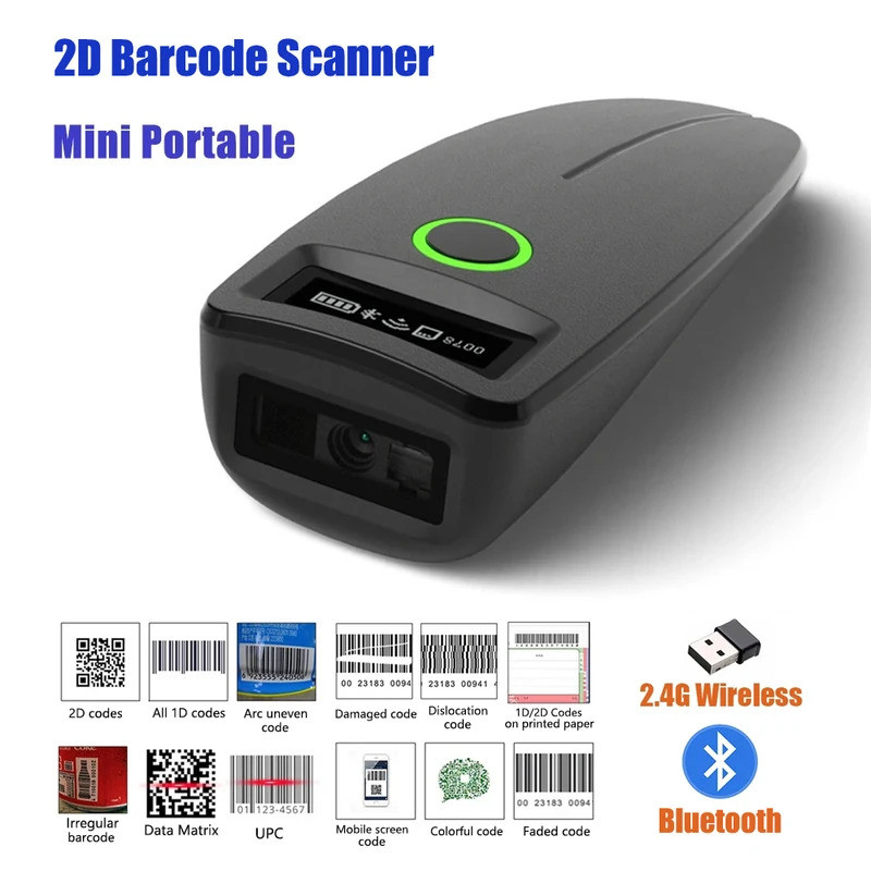 2D Barcode Scanner Mini 2.4G Wireless Bluetooth Handheld Portable 1D 2D QR Code Data Matrix ...