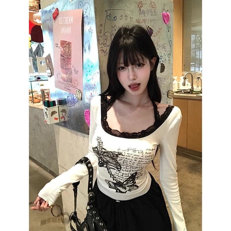 ท็อปเสื้อยืดพิมพ์ลายลูกไม้ Cationic De Rong เสื้อเบสแบบไม่มีหลัง รัดรูป ...