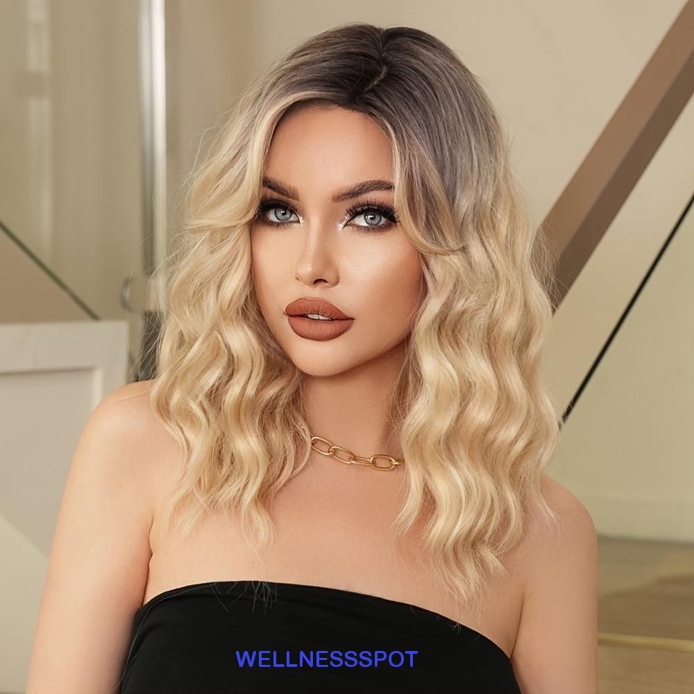 Wellnessspot ผู้หญิง Bob Wigs, Ombre สีบลอนด์ S Parting สั้นหยัก Curly Wigs, อุปกรณ์เสริมผมผมทน ...