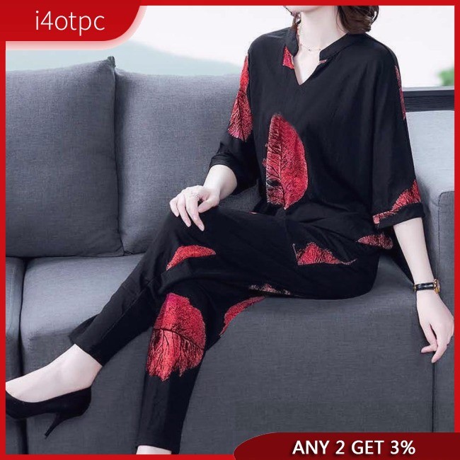 I4otpc 2 ชิ้น/เซ็ตผู้หญิงชุดลําลอง Retro พิมพ์ V คอแขนสั้นเสื้อ Harem Cropped กางเกง | Shopee ...