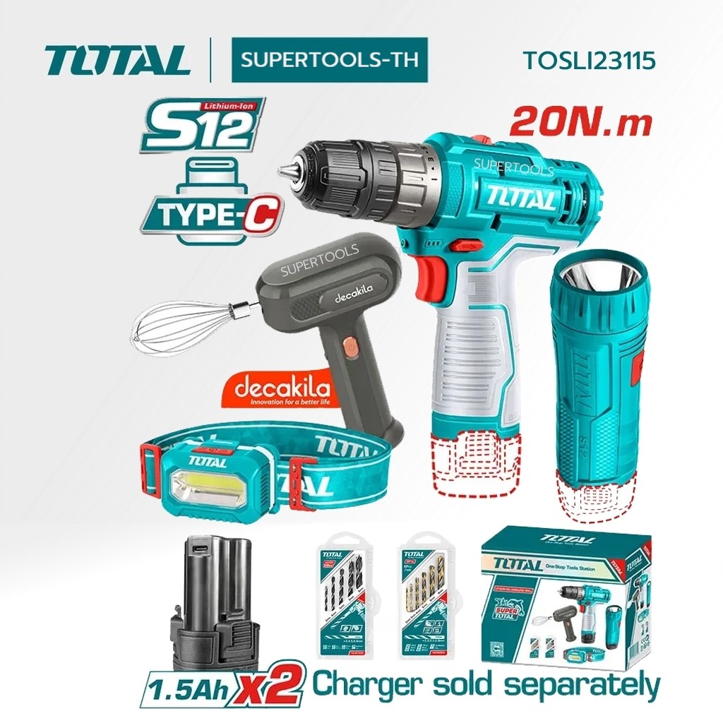 TOTAL ชุดสว่านไร้สาย 12V (ไฟฉาย+เครื่องผสมอาหาร+ไฟฉายไร้สาย พร้อมชุดดอกสว่าน) TOSLI23115 ...
