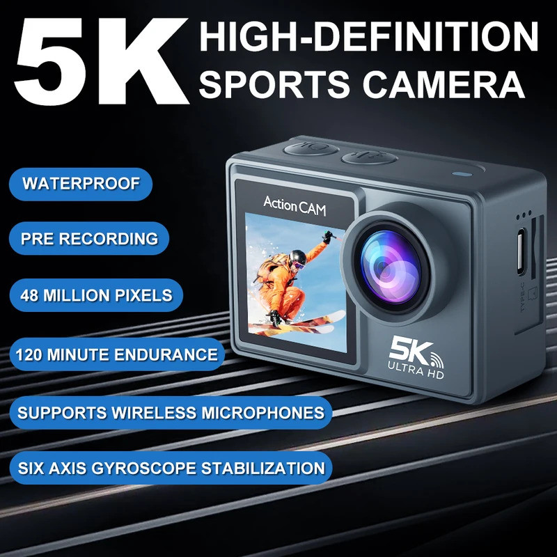 กล้องแอคชั่น 5K 4K60FPS จอสัมผัส LCD คู่ IPS DVR EIS 170 ° กล้องกีฬาซูม ...
