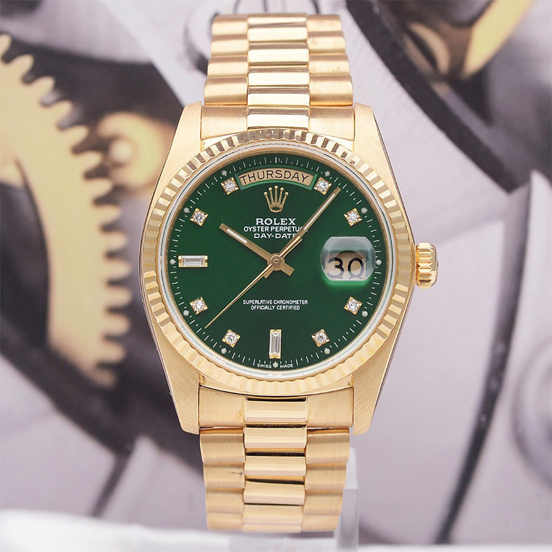 Rolex ประมูล Rolex Weekly Diary Type 18K Gold 18038 Green Disk หลังเพชร ...