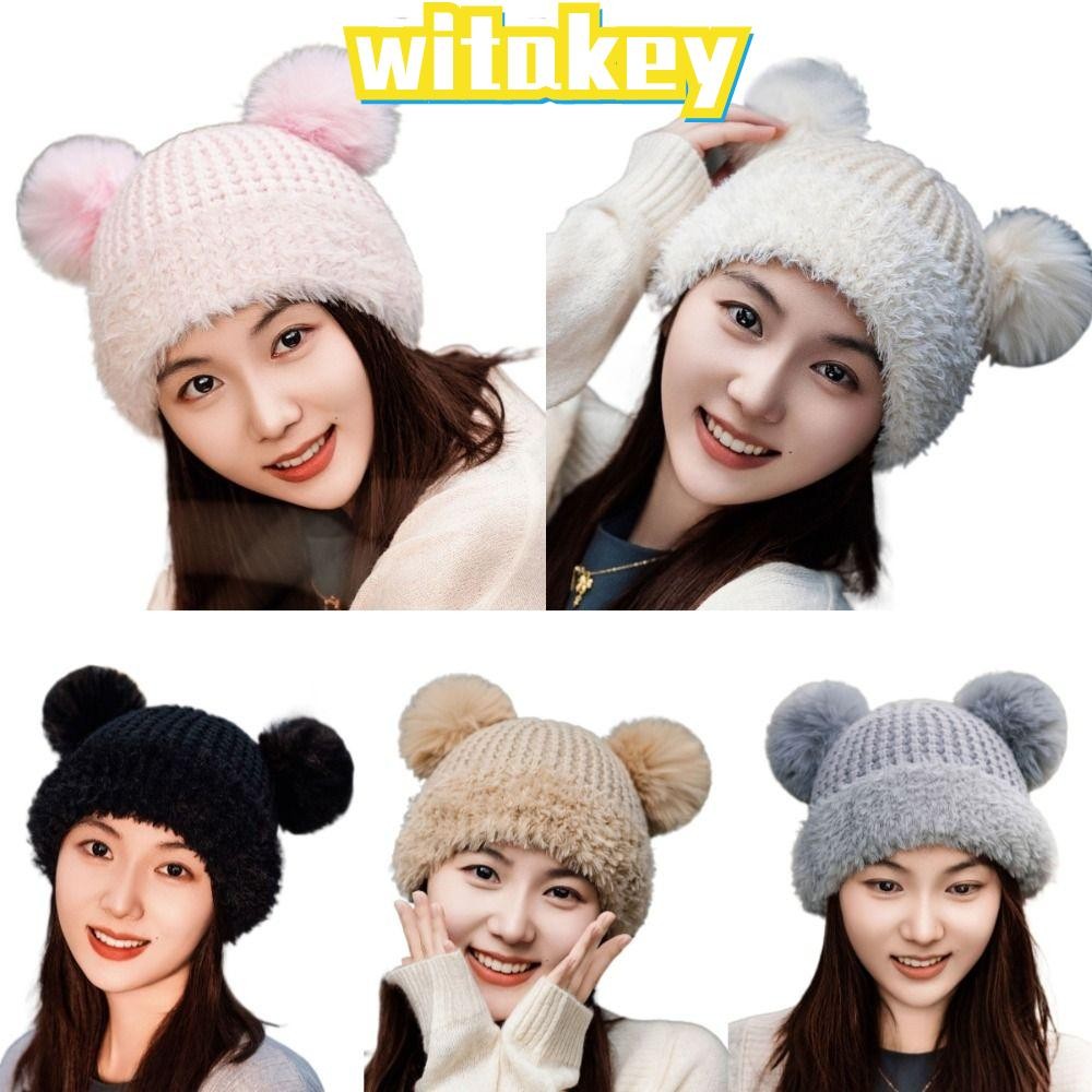 Witakey หมวกเด็ก, หมวกถักย้อนยุคตุ๊กตา, เข็มปักการ์ตูนแป้งทอดบิดหนาป้องกันหูหมวกขนสัตว์หญิง ...