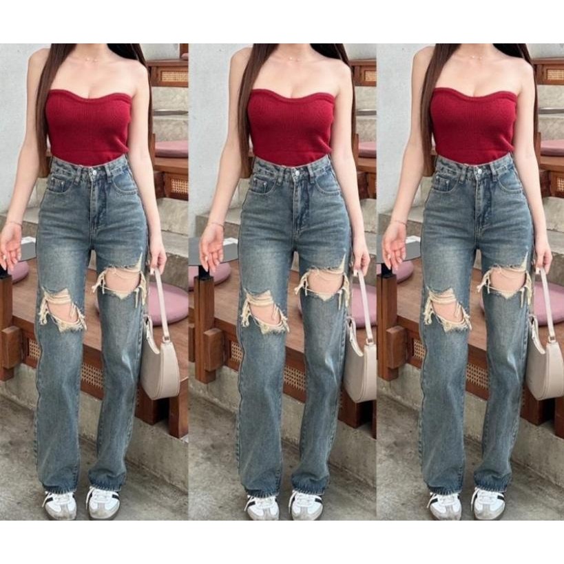 Ming-Ge-กางเกงเป็นแบบขาดเข่า* รหัสสีสนิมเอวสูงผ้าไม่ยืด | Shopee Thailand