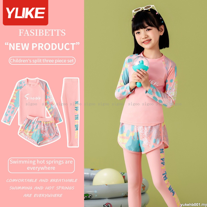 Yuke 3 ชิ้นชุดชุดว่ายน้ําเด็กผู้หญิงแขนยาว Sun Protection ชุดว่ายน้ําเด็ก | Shopee Thailand