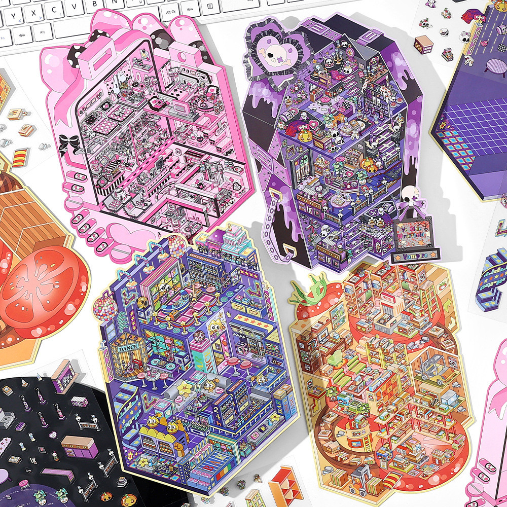 KOWEI 4 ชิ้น [เปิดวันนี้ Series] 3D Stackable Mini House การ์ตูนภูมิ ...