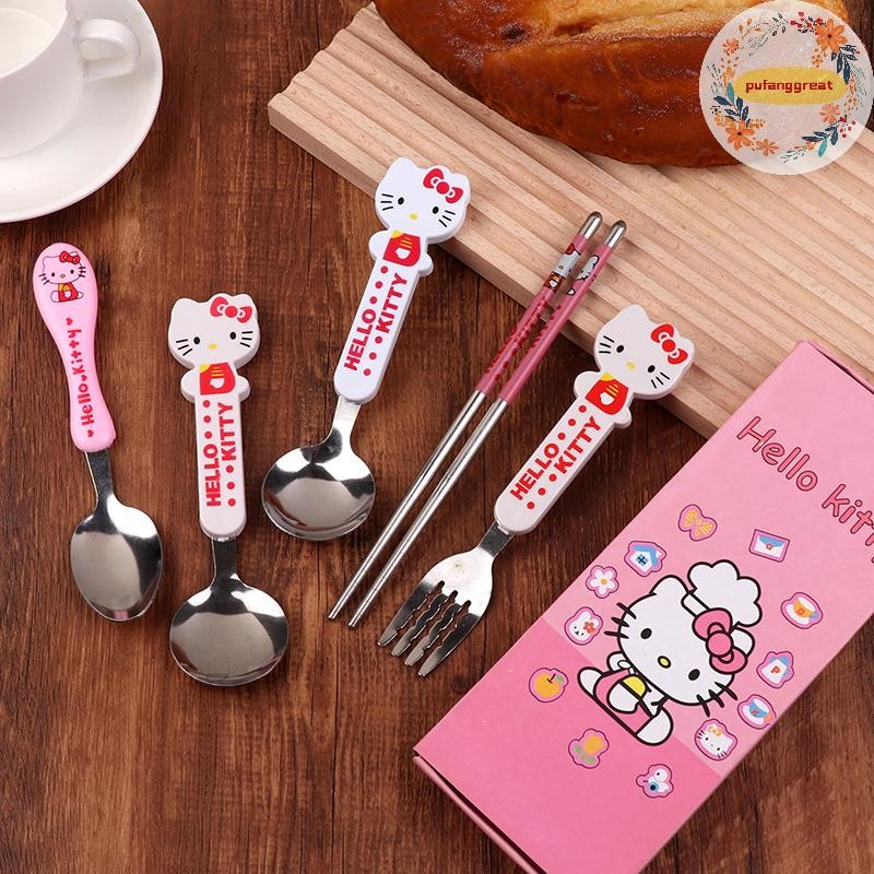 Pufanggreat Kawaii Hello Kitty Chops ช้อนส้อม Sanrio KT แมวสแตนเลสชุด ...